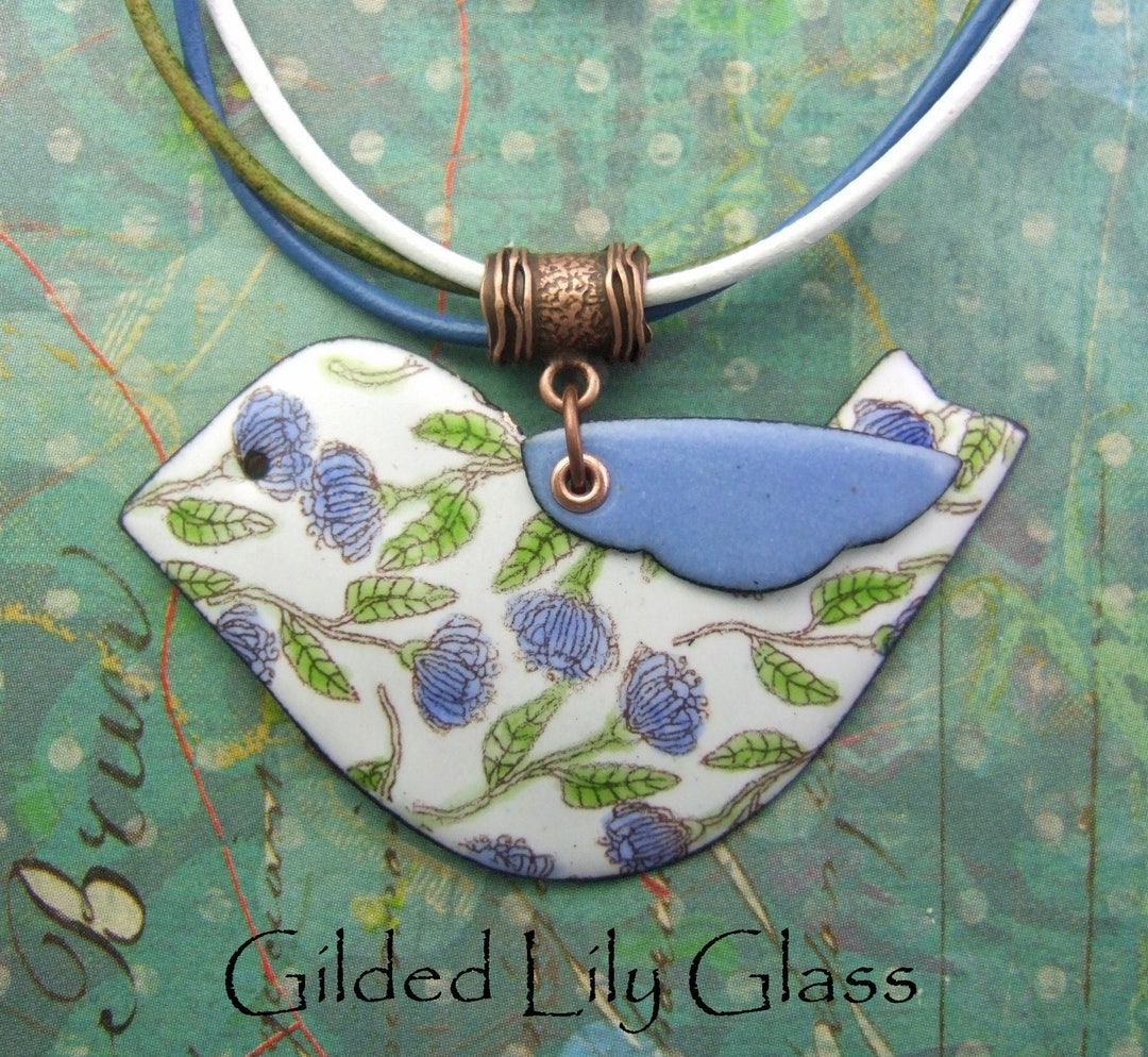 Bluebird Floral Enamel Pendant Bluebird Necklace Bird Lover - Etsy