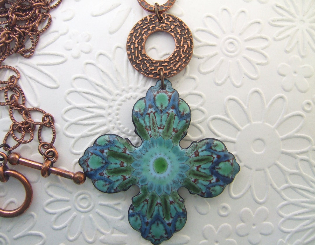 Hand-painted Copper Enamel Cross Pendant: Geometric Floral Design - Etsy