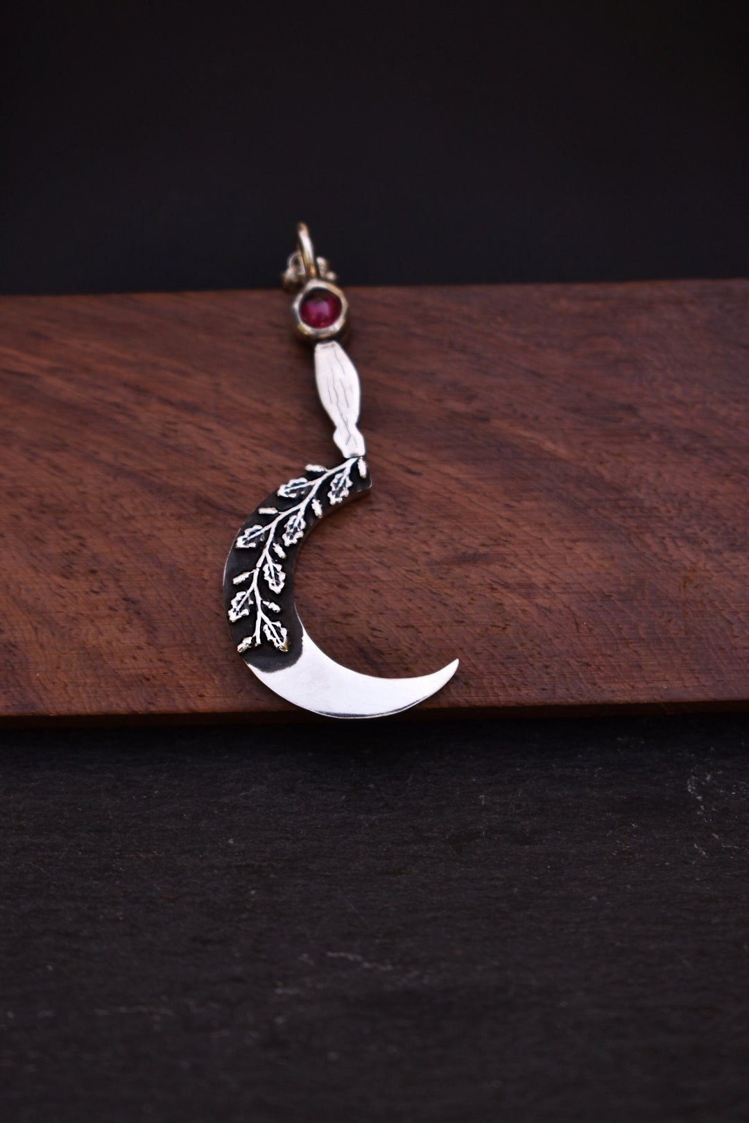 Sickle Necklace With Oak Leaves and Garnet//made to Order - Etsy