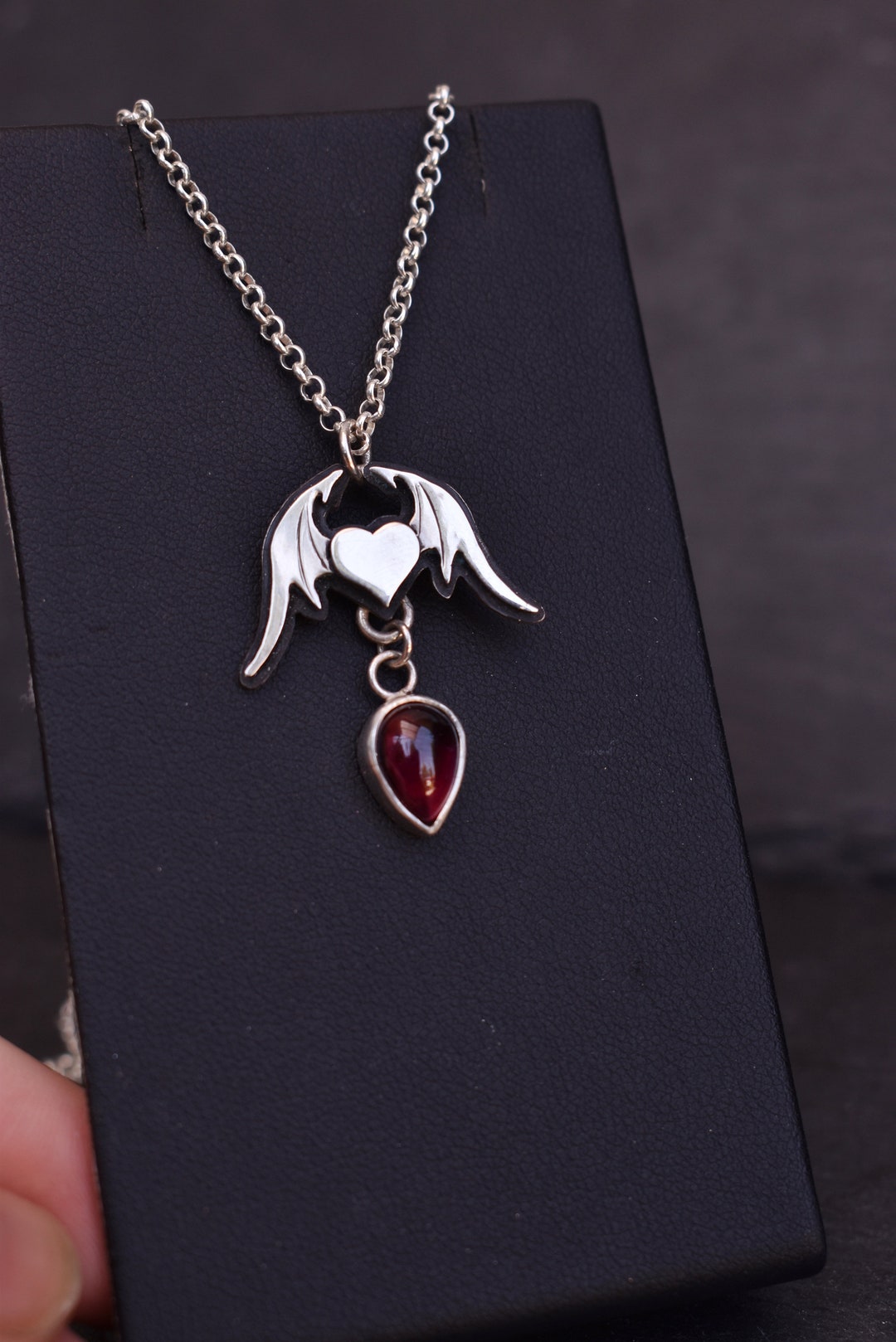 Heart and Bat Wings Necklace With Garnet - Etsy
