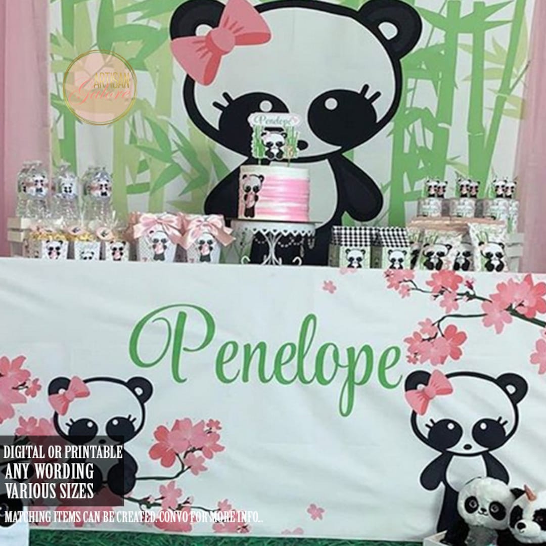 Panda Backdrop Banner, Pink Floral Bamboo Greenery Baby Shower Birthday ...