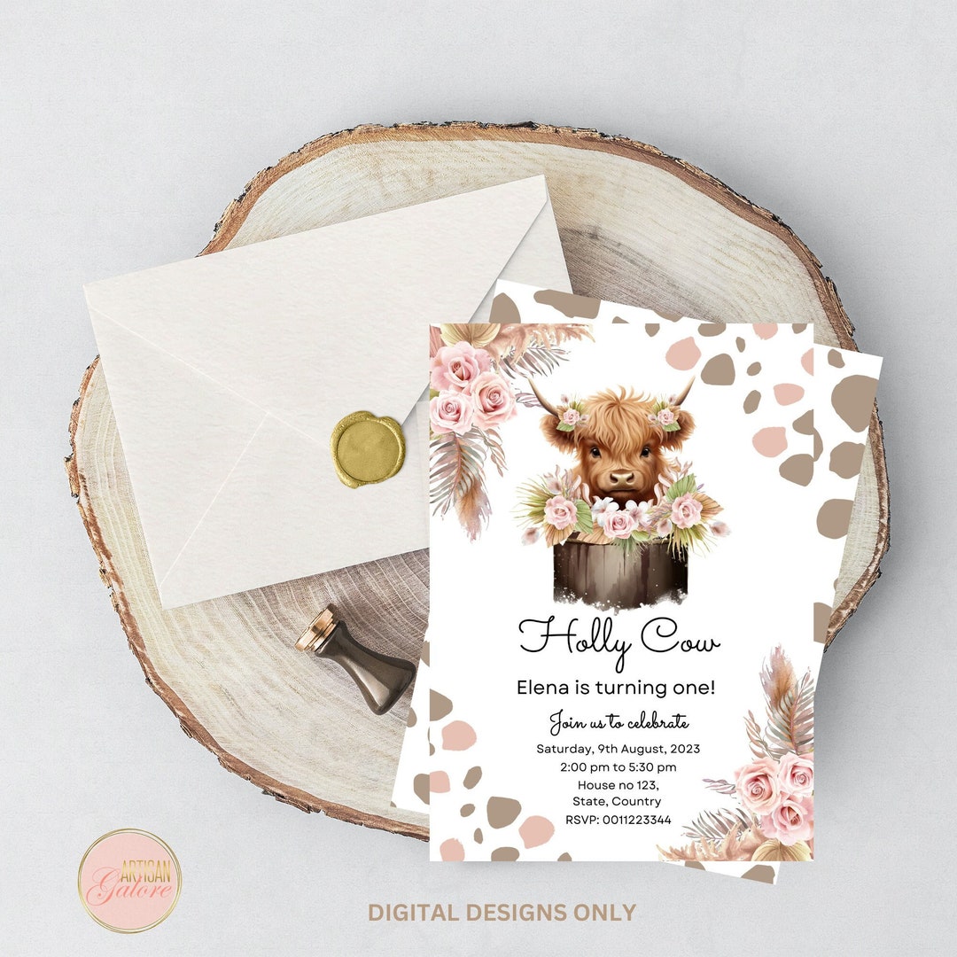 Highland Cow Invitation, Editable Holy Cow Birthday Invitation, First ...
