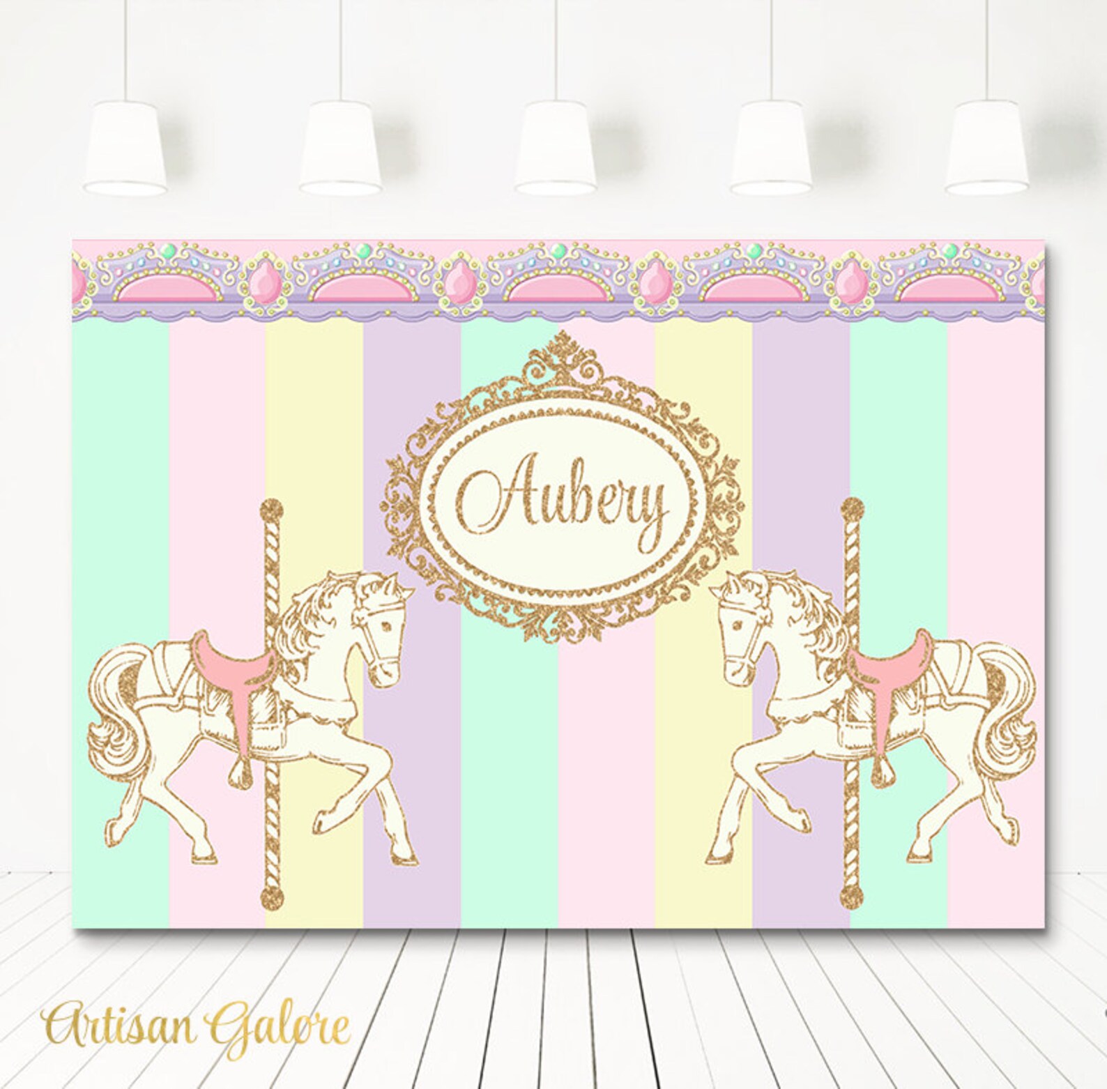Carousel Backdrop, Pink, Mint, Purple, Yellow, Gold Back Drop, Baby ...