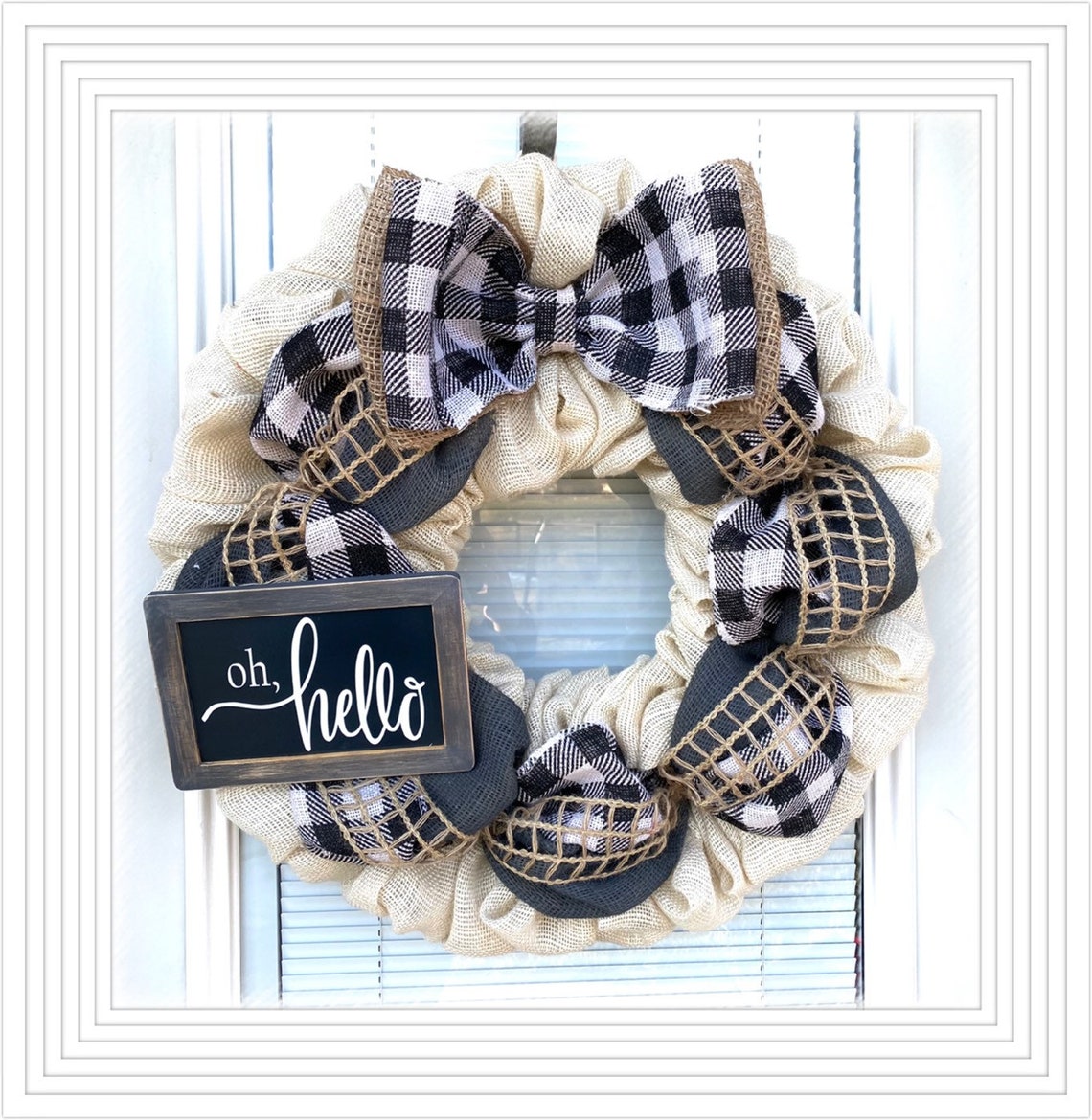 Oh Hello Wreath Everyday Wreath Buffalo Check Wreath Door | Etsy