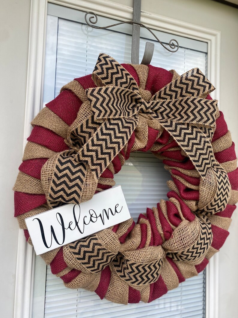 Burlap Wreath, Natural and Maroon - Black Chevron Burlap Wreaths ...