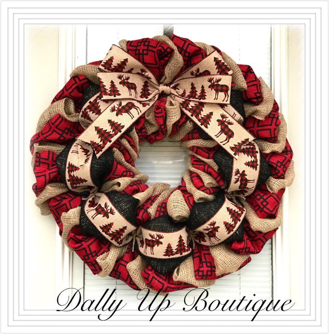 Christmas Wreath - Christmas Tree Wreath, Moose Ribbon, Moose Holiday ...