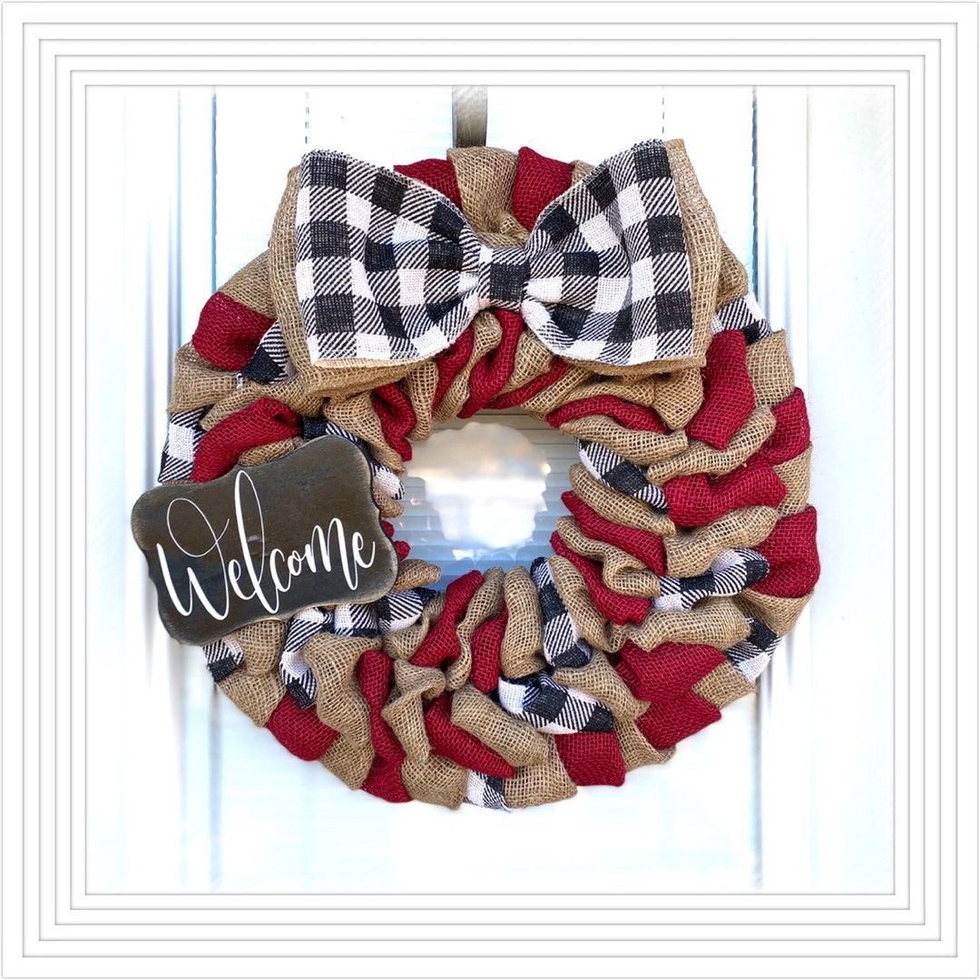 Buffalo Check Wreath, Welcome Wreath - Red Wreath, Buffalo Plaid Wreath ...