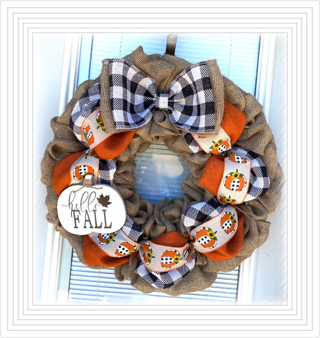 Wreath. Hello Fall Wreath, Autumn Wreath, Orange Natural and Gray ...