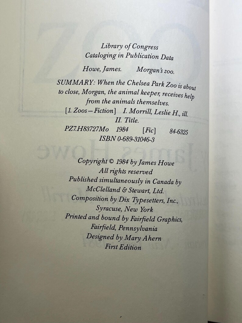 Morgan’s Zoo by James Howe, 1984 First Edition - Etsy
