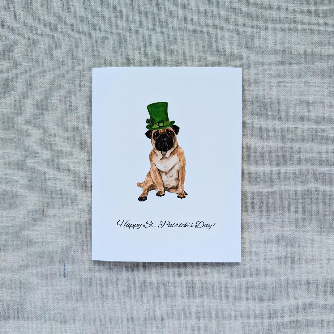 St. Patrick's Day Pug Dog Note Card, Single St. Patrick's Day Greeting ...