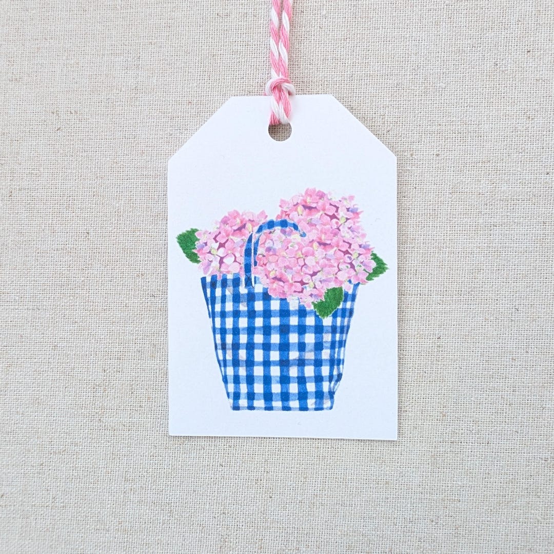 Pink Hydrangea and Blue Gingham Gift Tags, Set of 9 Original Watercolor ...