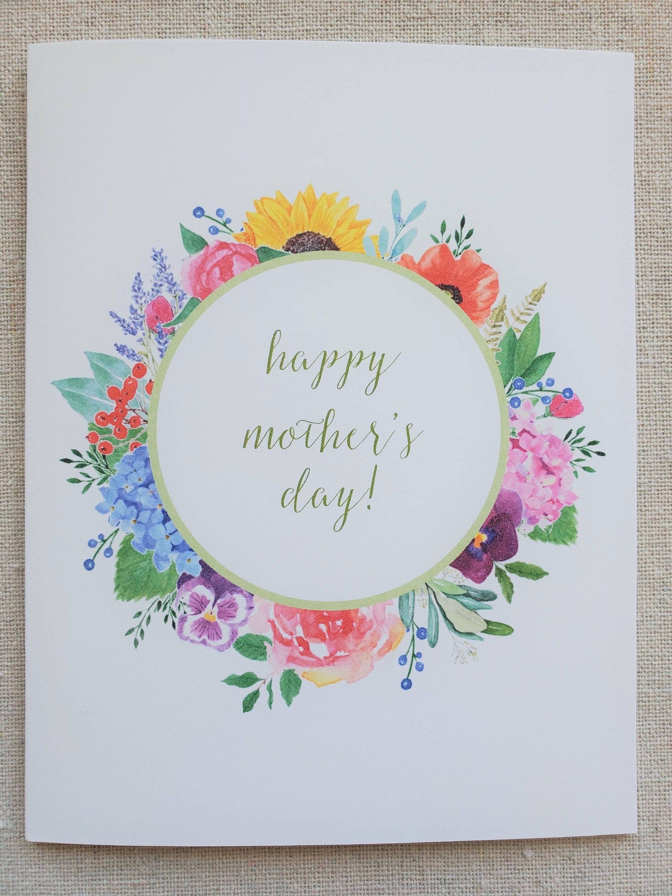 Mother's Day Floral Wreath Greeting Card, Original Watercolor, Blank ...
