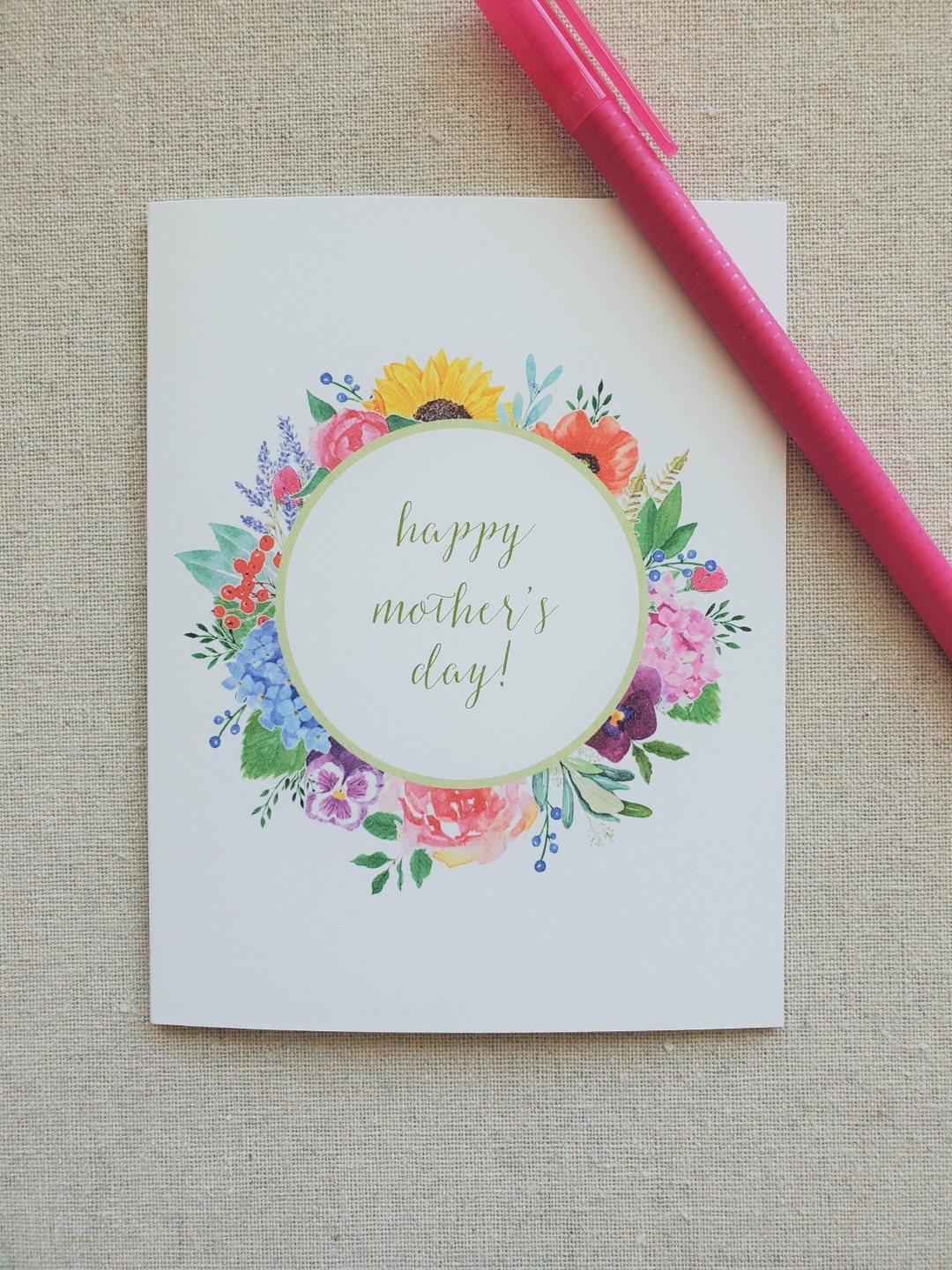 Mother's Day Floral Wreath Greeting Card, Original Watercolor, Blank ...