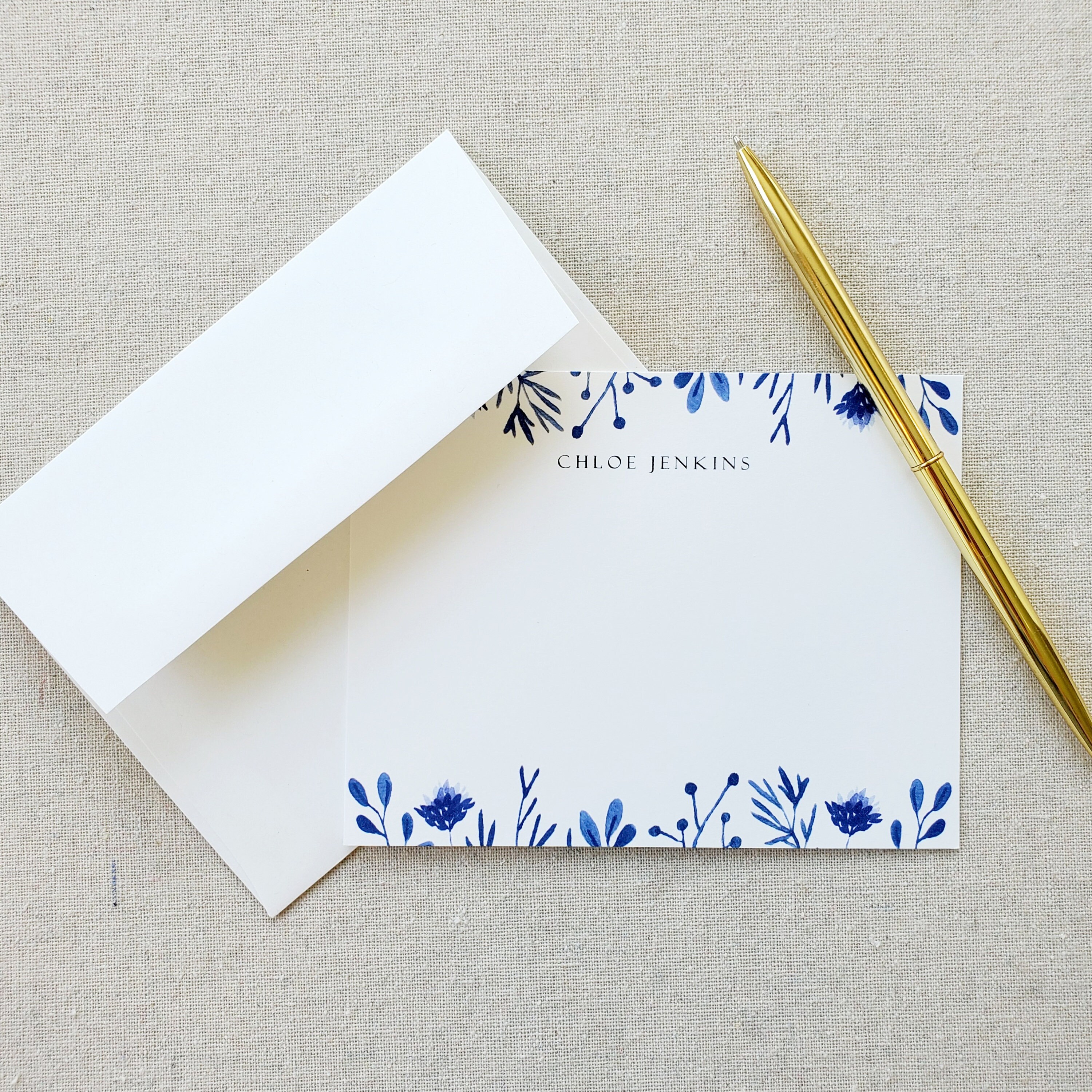 Blue Floral Blank or Personalized Stationery, Original Watercolor Set ...