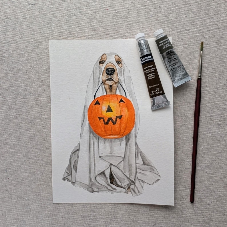 Halloween Dog Ghost Greeting Card, Original Watercolor Art, Single ...