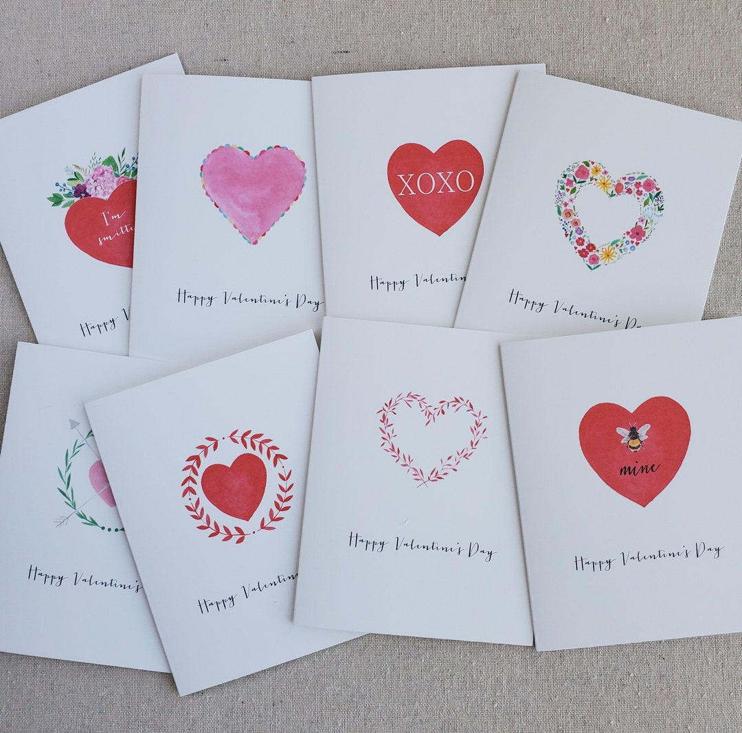 Valentine's Day Note Card Set, Set of 8 Valentine Cards, Watercolor ...