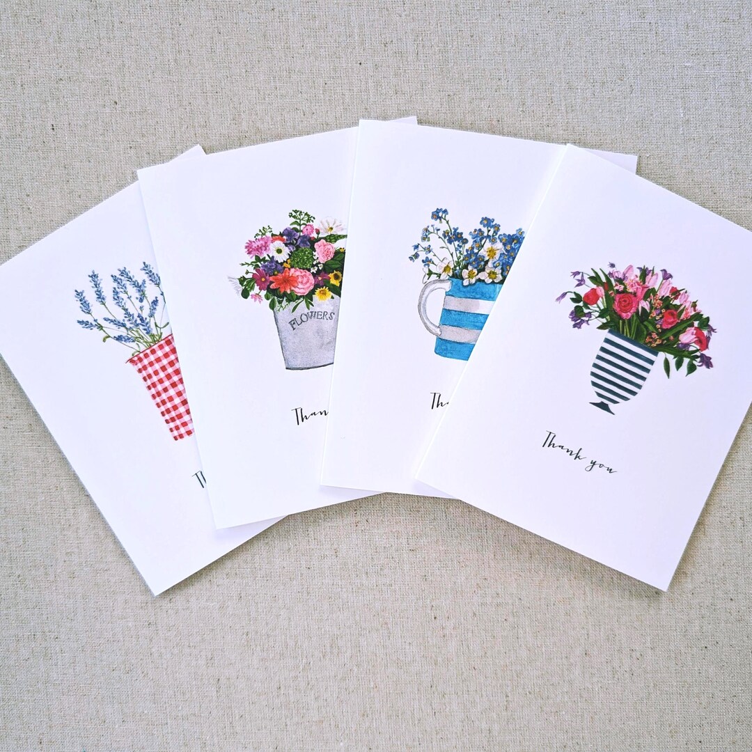 Flower Bouquet Thank You Note Cards, Original Watercolor Flowers, Set ...