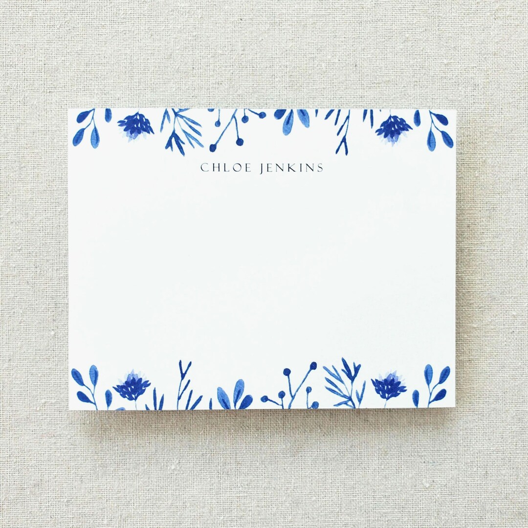 Blue Floral Blank or Personalized Stationery, Original Watercolor Set ...