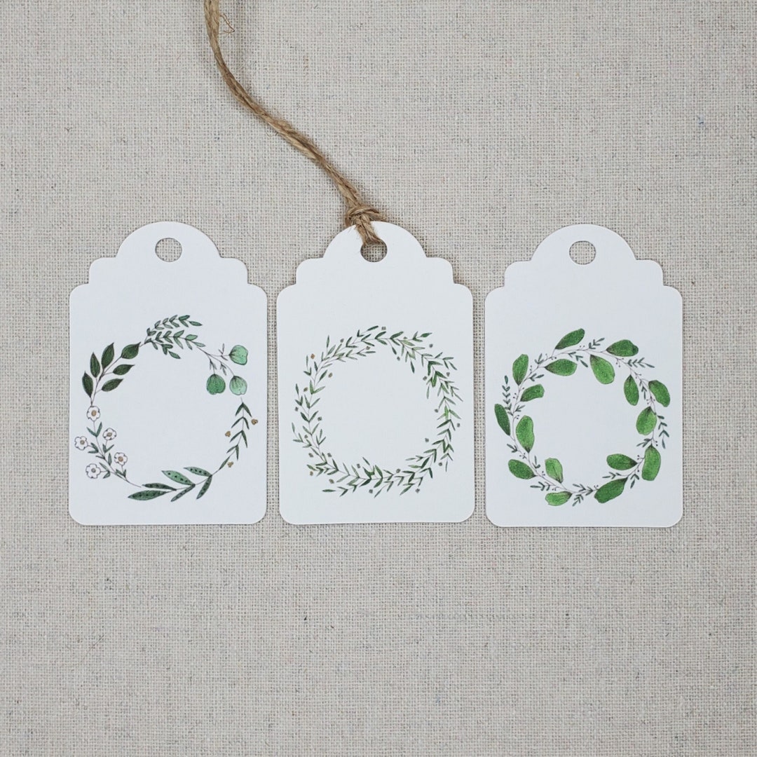 Set of 9 Botanical Wreath Gift Tags, Original Watercolor Present Labels ...