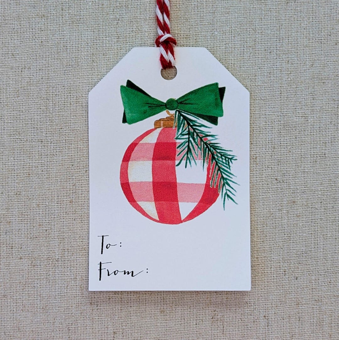 Christmas Ornament Gift Tags, Original Watercolor, Red Gingham Holiday ...
