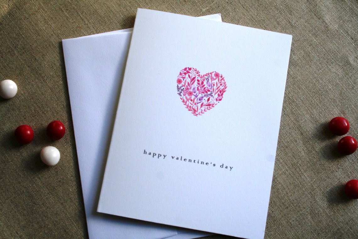 Fern and Flower Filled Heart Valentine's Day Note Card, Original ...
