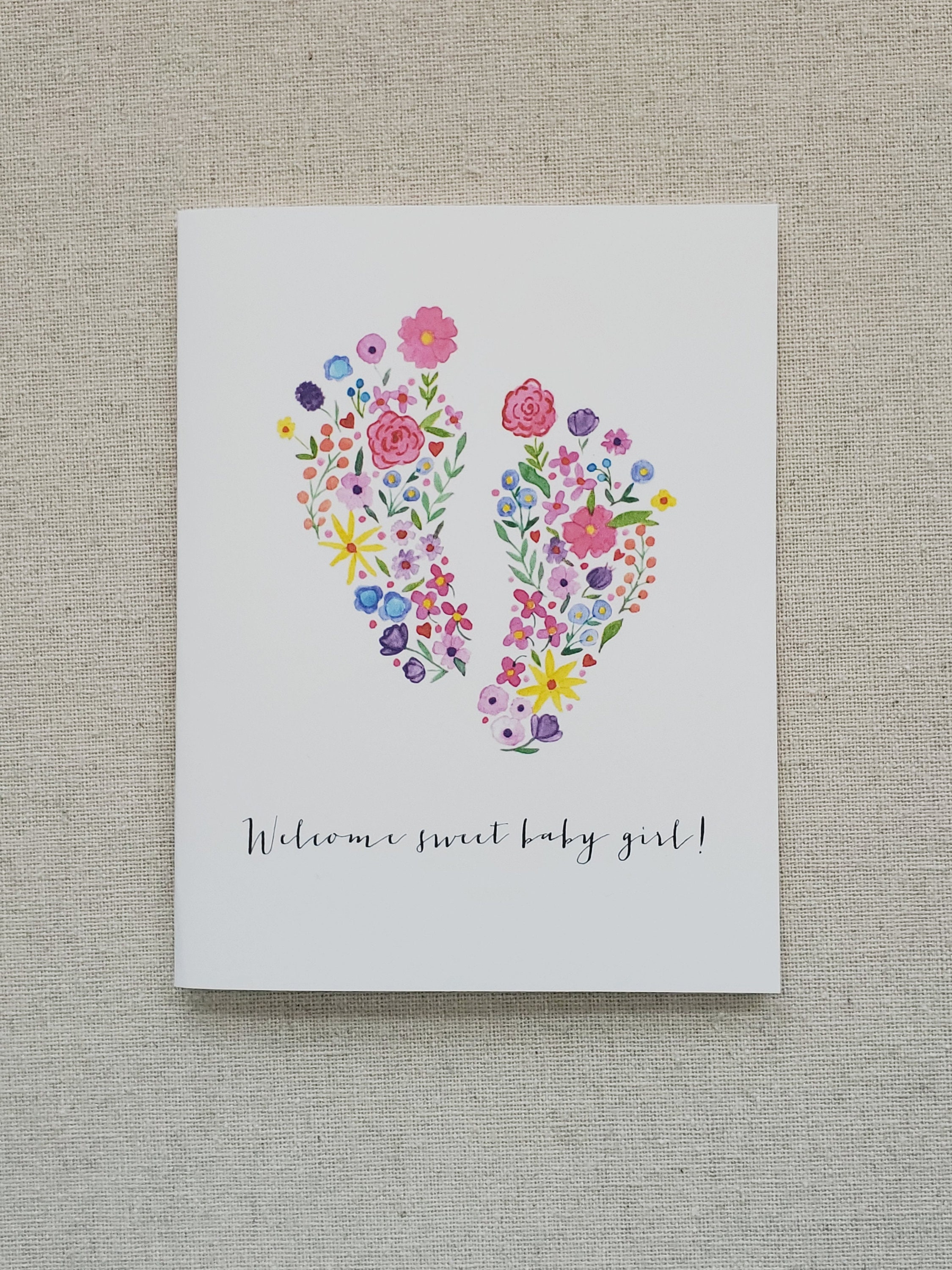 Baby Shower Card for a Girl, Original Watercolor Baby Girl Footprint ...