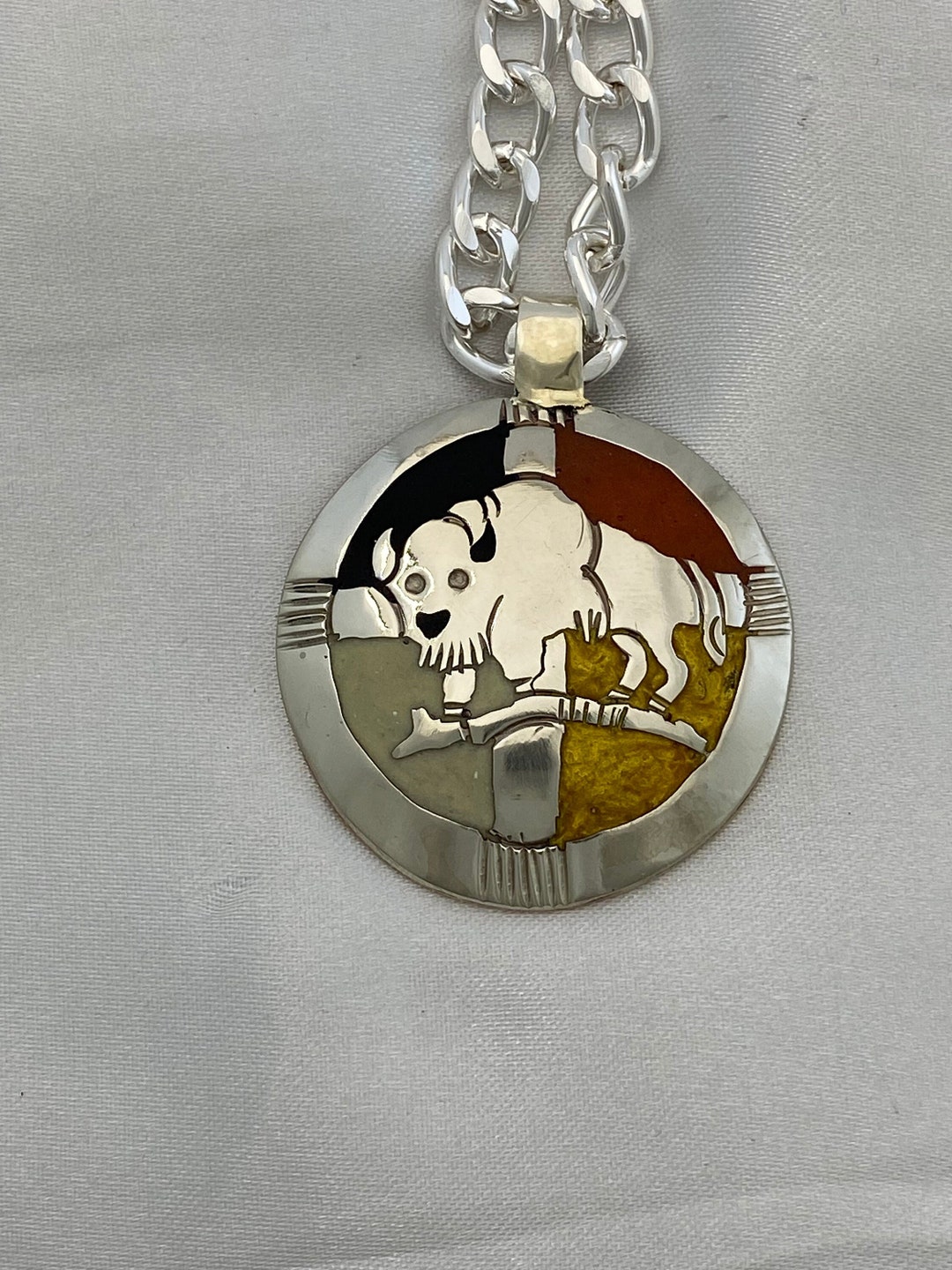 Standing Buffalo Medicine Wheel Silver Pendant Necklace - by Mitchell ...