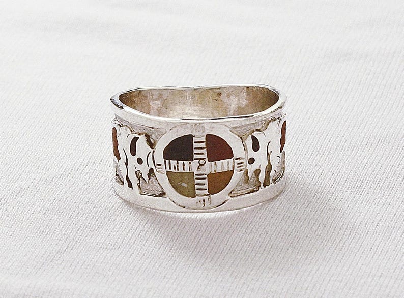 Medicine Wheel United by Two Eagle Feathers Silver Wedding Rings Set ...