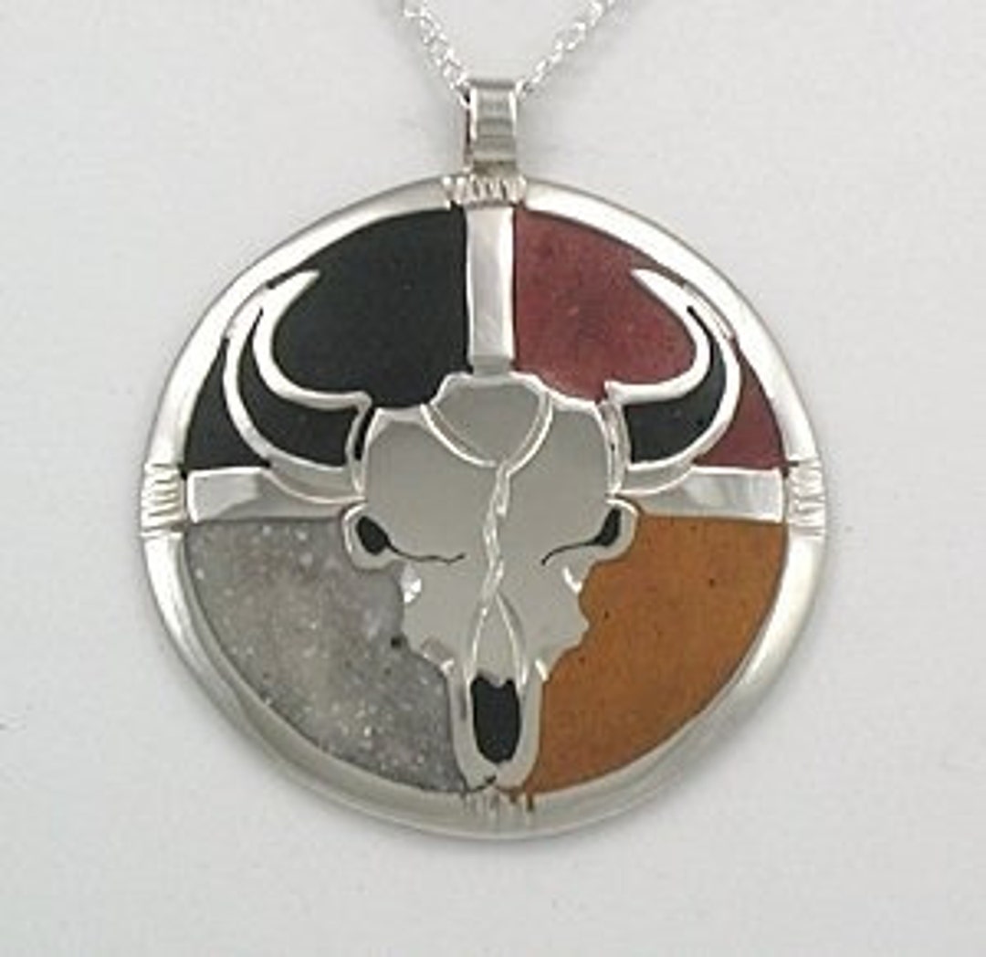 Buffalo Skull/medicine Wheel Silver Pendant - Native American Lakota ...