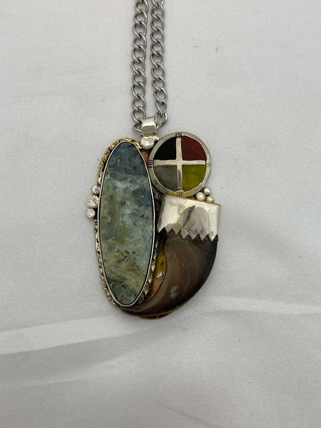 Medicine Wheel Bear Claw Design Silver Pendant Handmade Native American ...