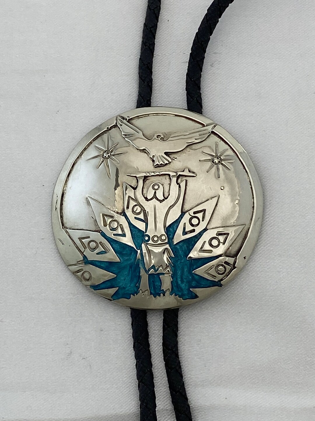 Prayer to the Eagle Silver Bolo Tie With Turquoise - Handmade Native ...