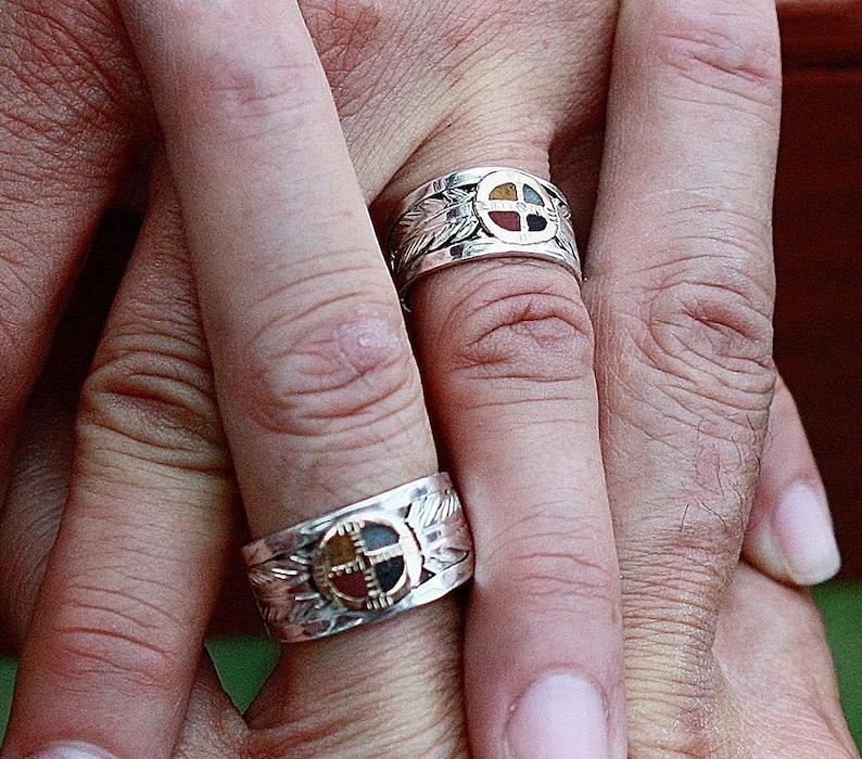 Medicine Wheel United by Two Eagle Feathers Silver Wedding Rings Set ...