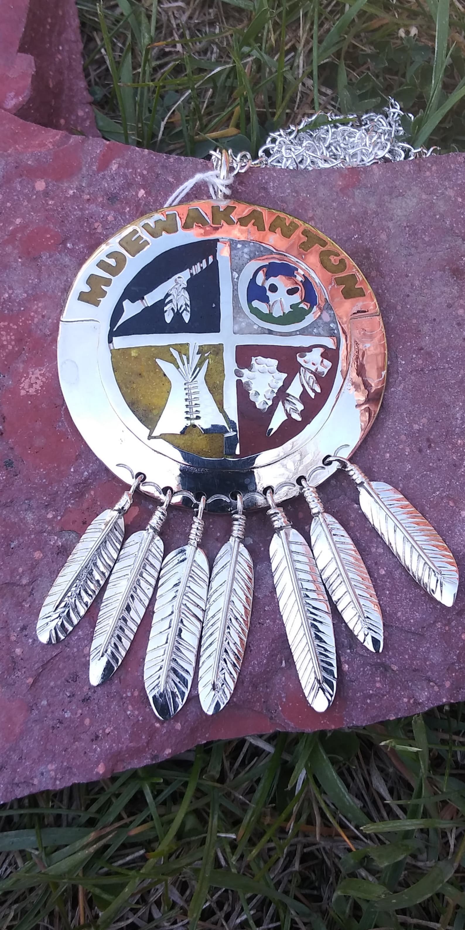 Mdewakanton Four Direction Medicine Wheel With Feathers Silver Pendant ...