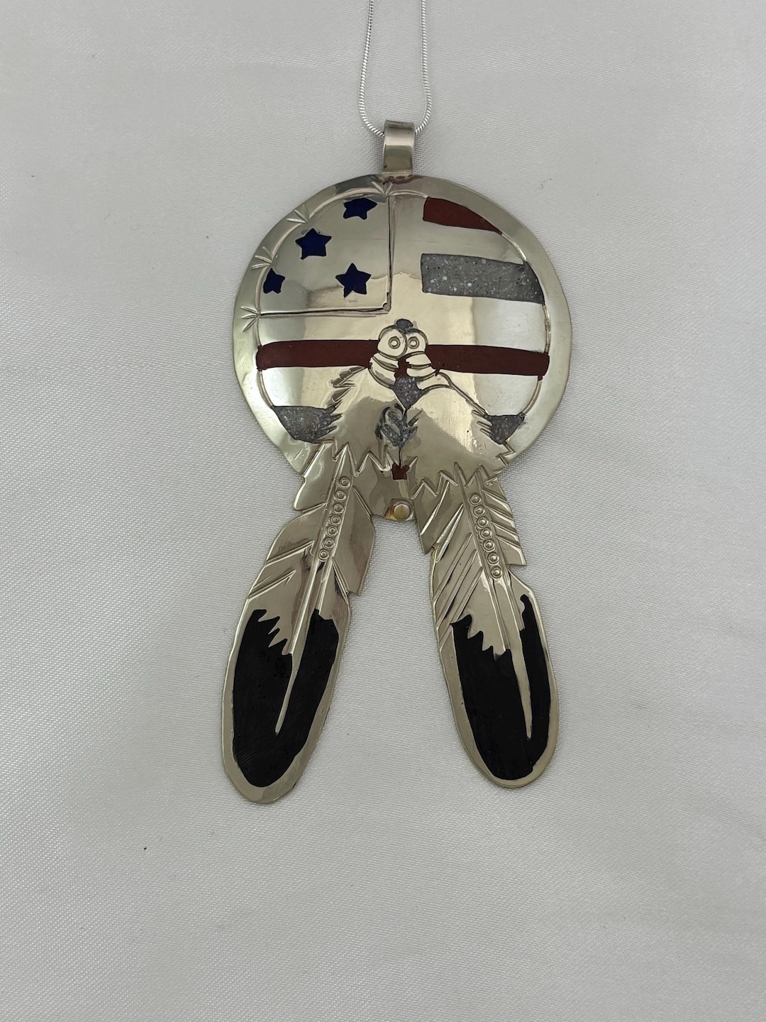 American Flag Two Feathers Design Silver Pendant - Handmade Native ...