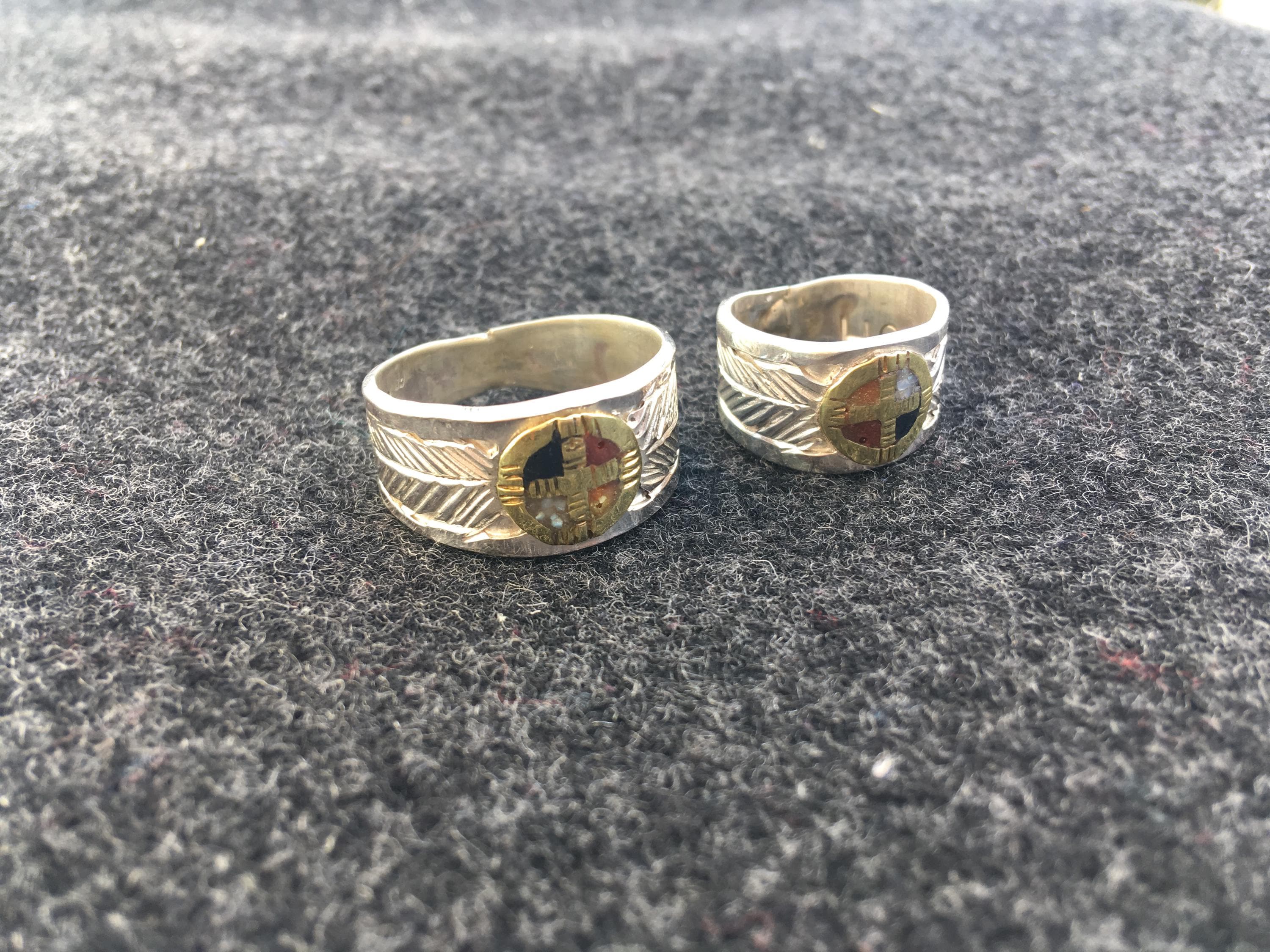 Medicine Wheel United by Two Eagle Feathers Silver Wedding Rings Set ...