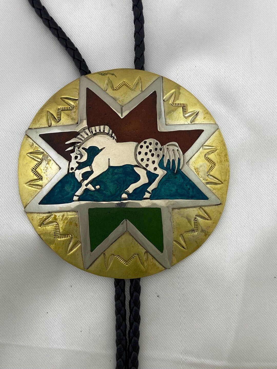 Running Horse / Morning Star Design Silver Bolo Tie - Handmade Native ...