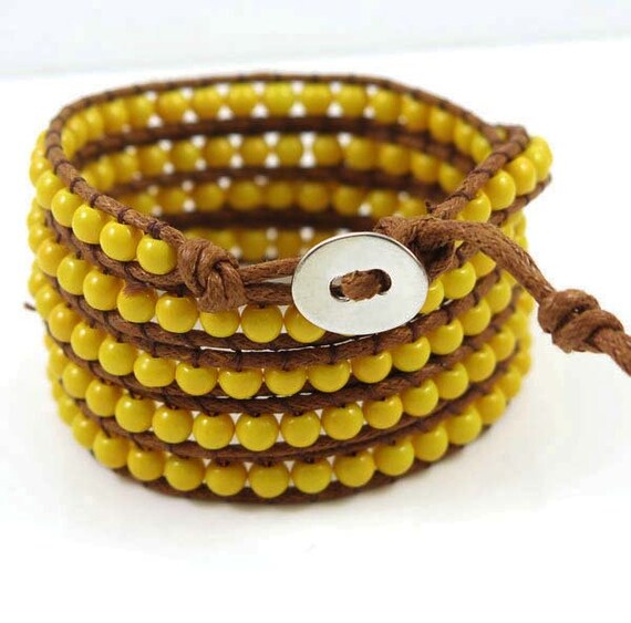Five Tiered Wrap Mustard Yellow Beaded Bracelet on Brown Waxed | Etsy