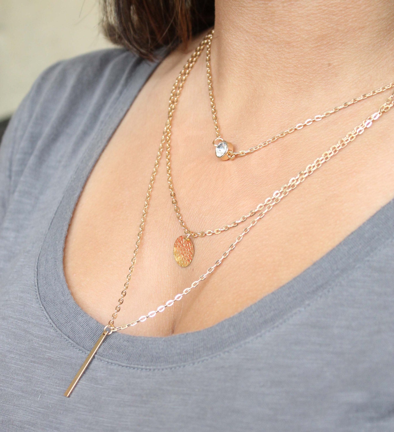 Gold Delicate Necklaces With Three Thin Chains With Charms and Crystal ...