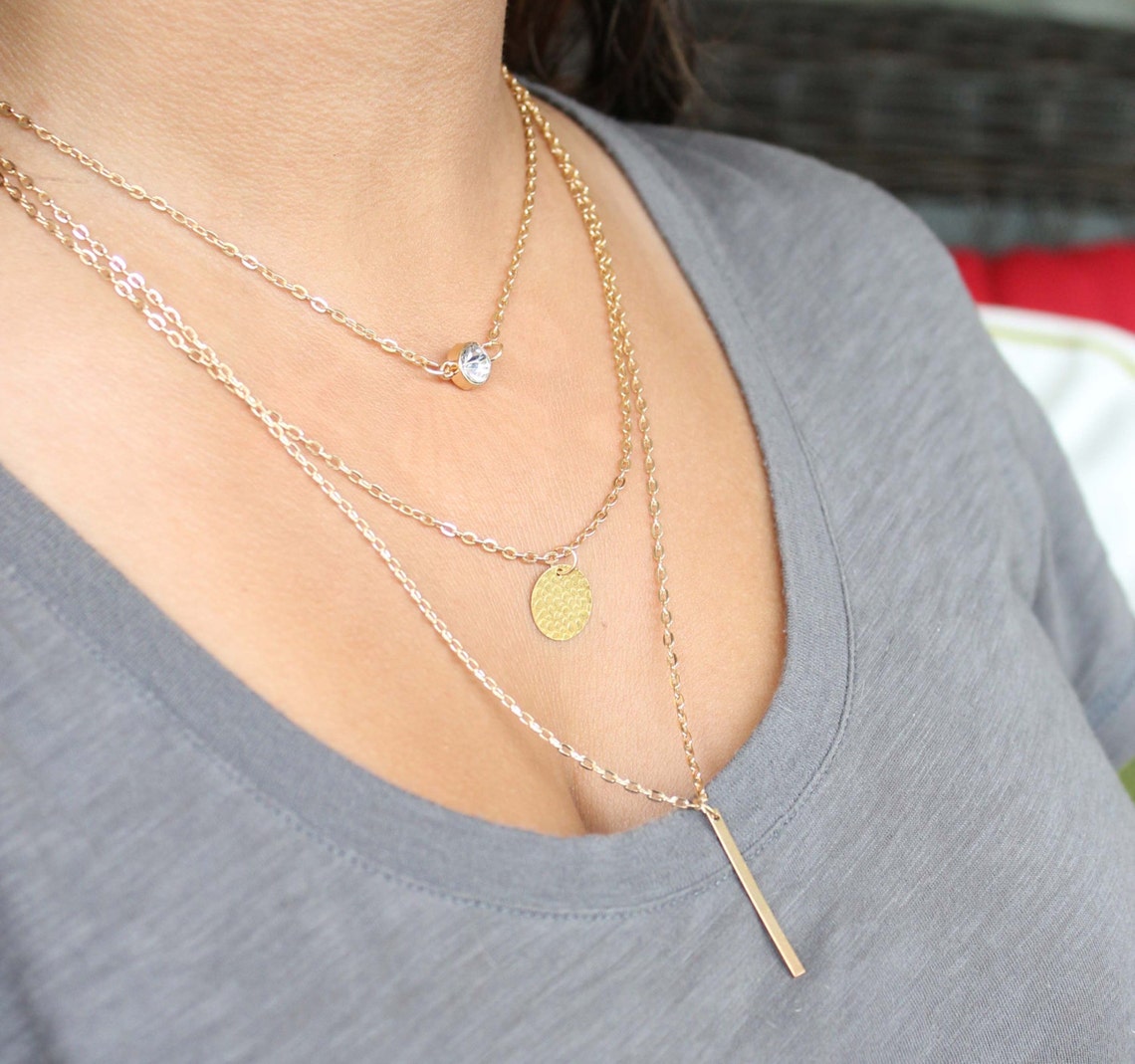 Gold Delicate Necklaces With Three Thin Chains With Charms and Crystal ...