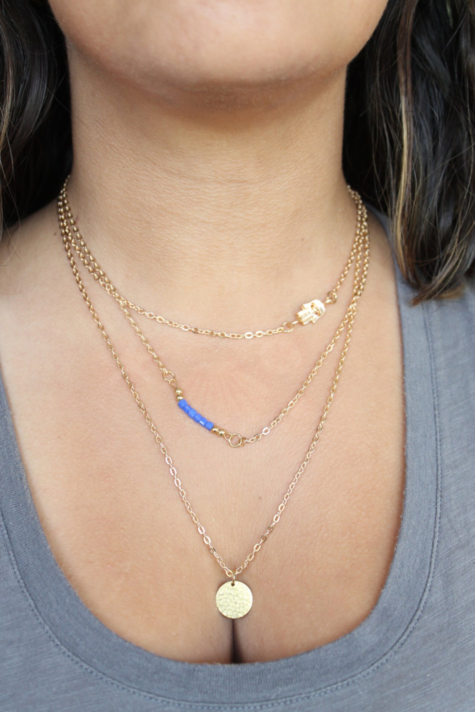 Gold Delicate Necklaces W/ 3 Thin Chains, Hamsa, Hammered Disk ...