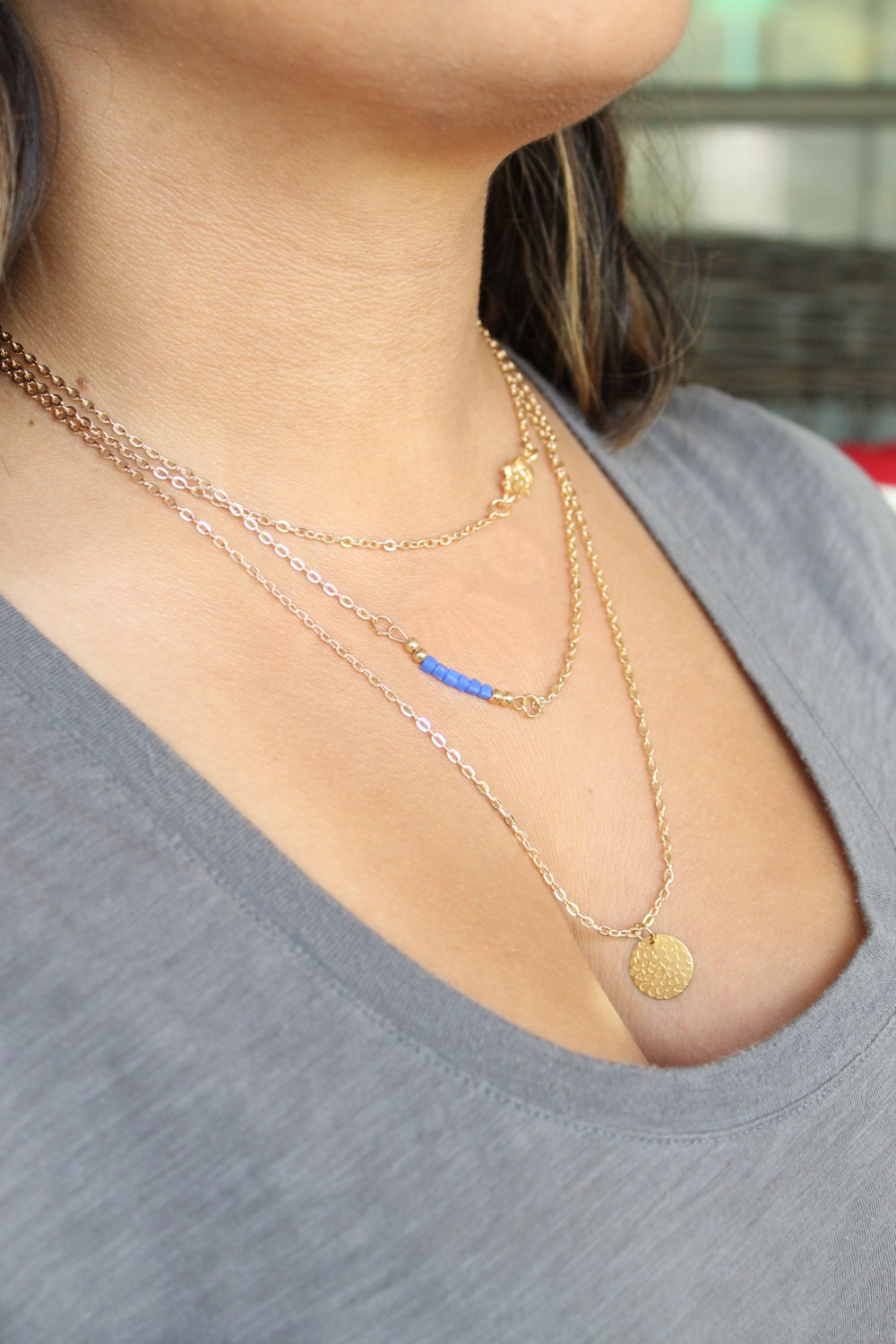 Gold Delicate Necklaces W/ 3 Thin Chains, Hamsa, Hammered Disk ...