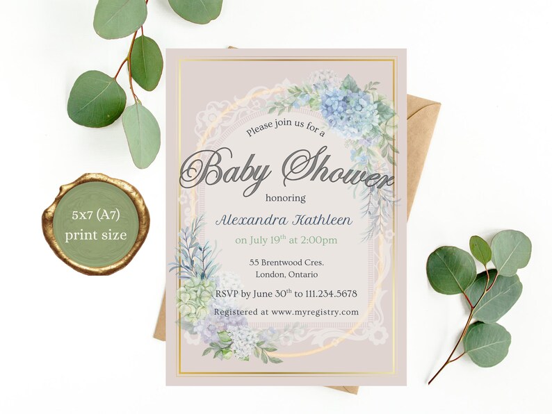 Floral Baby Shower Invitation | Blue Hydrangea Boy Template (digital ...