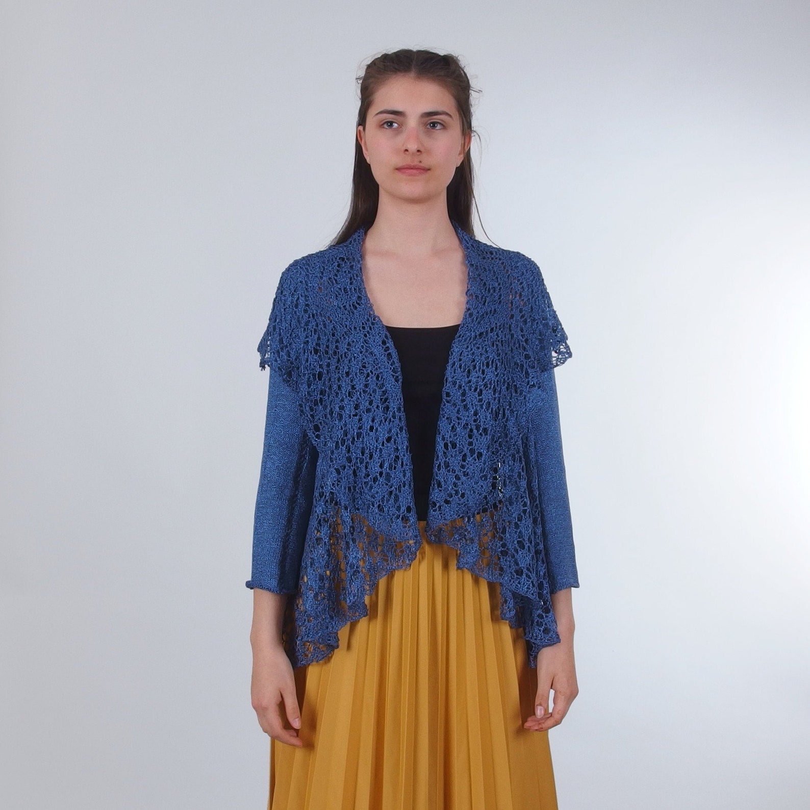 Hand Knit Lace Cardigan, Handmade Open Front Sweater With Shawl Collar ...