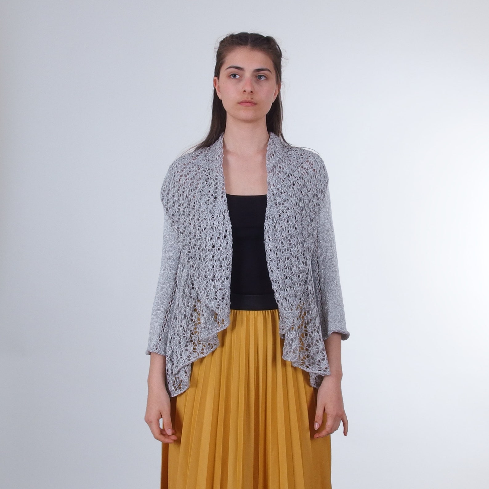 Hand Knit Lace Cardigan, Handmade Open Front Sweater With Shawl Collar ...