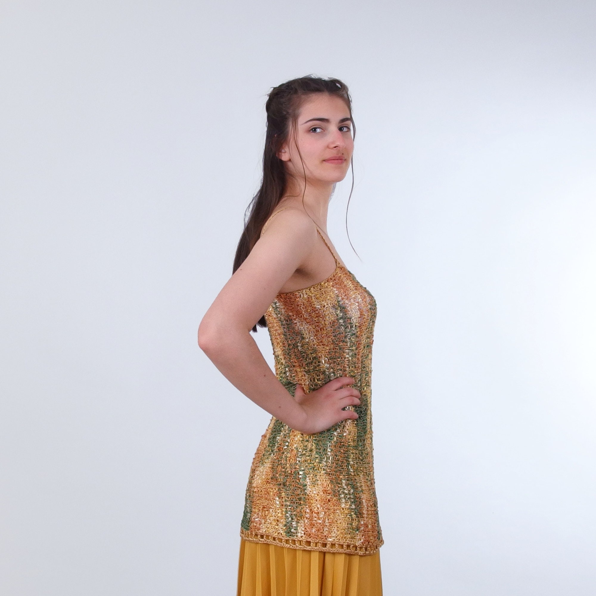 Long Sheer Summer Top, Colorful Spaghetti Strap Tunic Top, Hand Knit ...