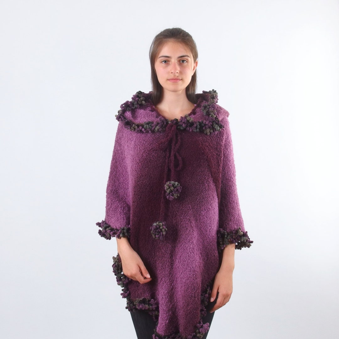 Wool Sweater Poncho Cape for Women, Ladies Hooded Cape With Pom Poms ...
