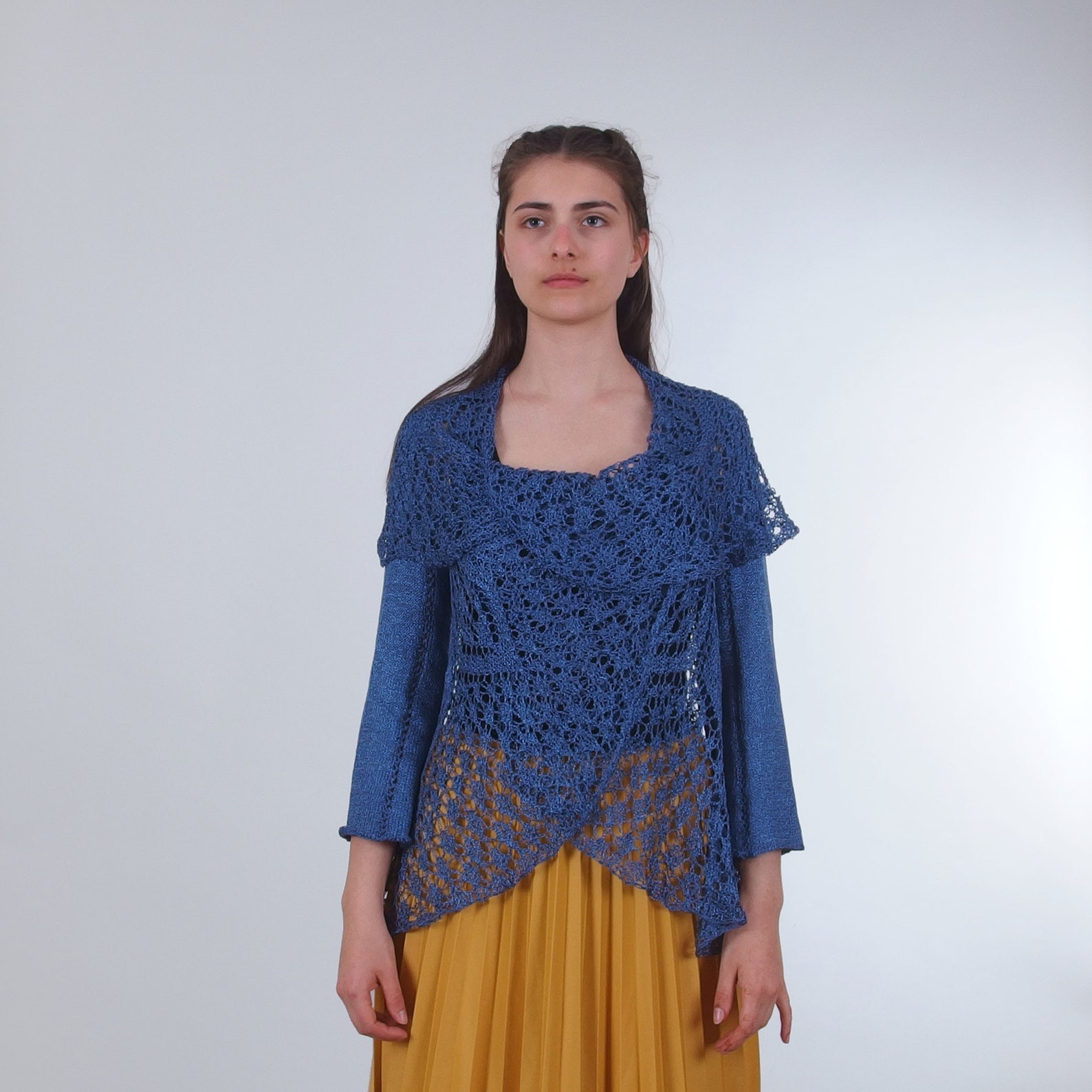 Hand Knit Lace Cardigan, Handmade Open Front Sweater With Shawl Collar ...