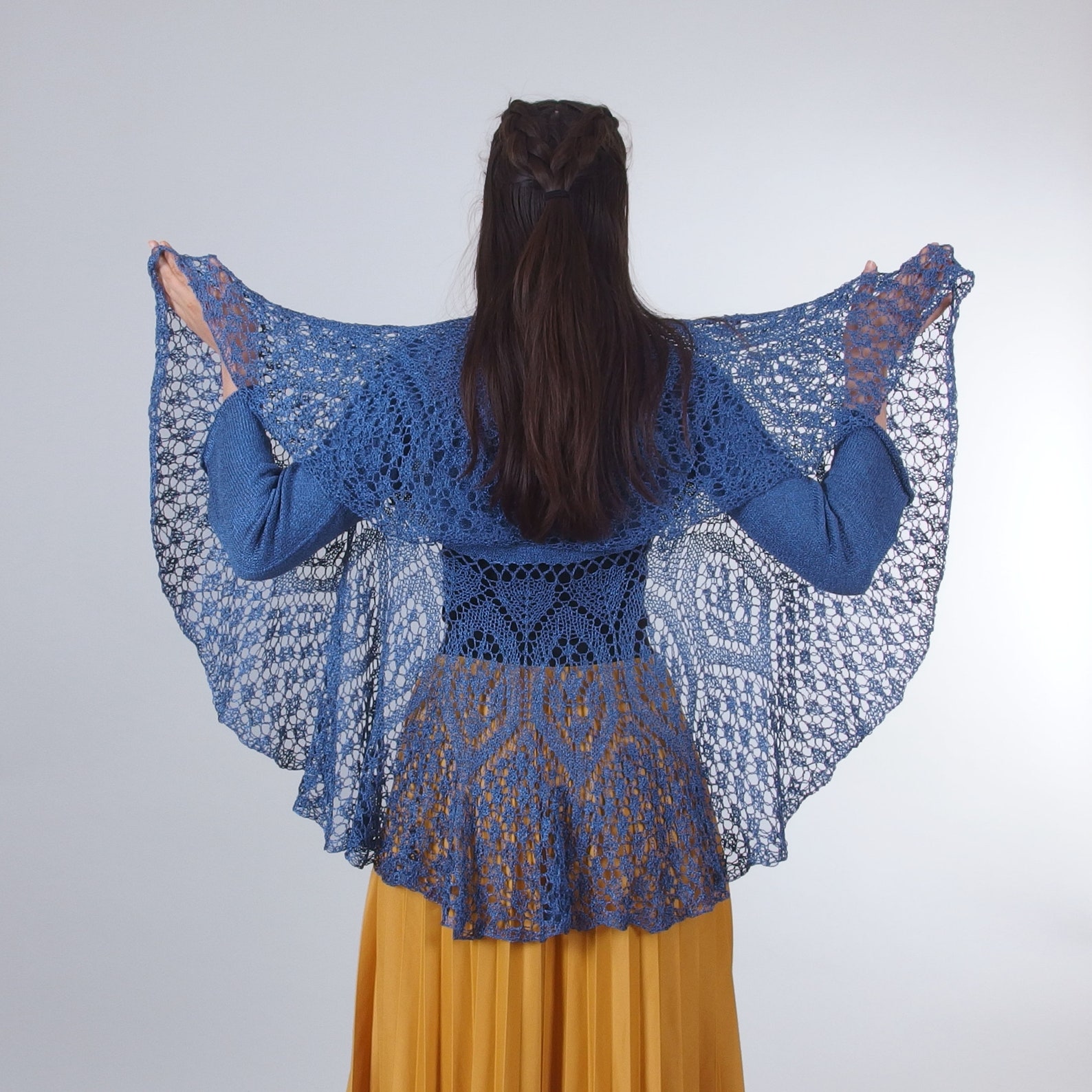 Hand Knit Lace Cardigan, Handmade Open Front Sweater With Shawl Collar ...