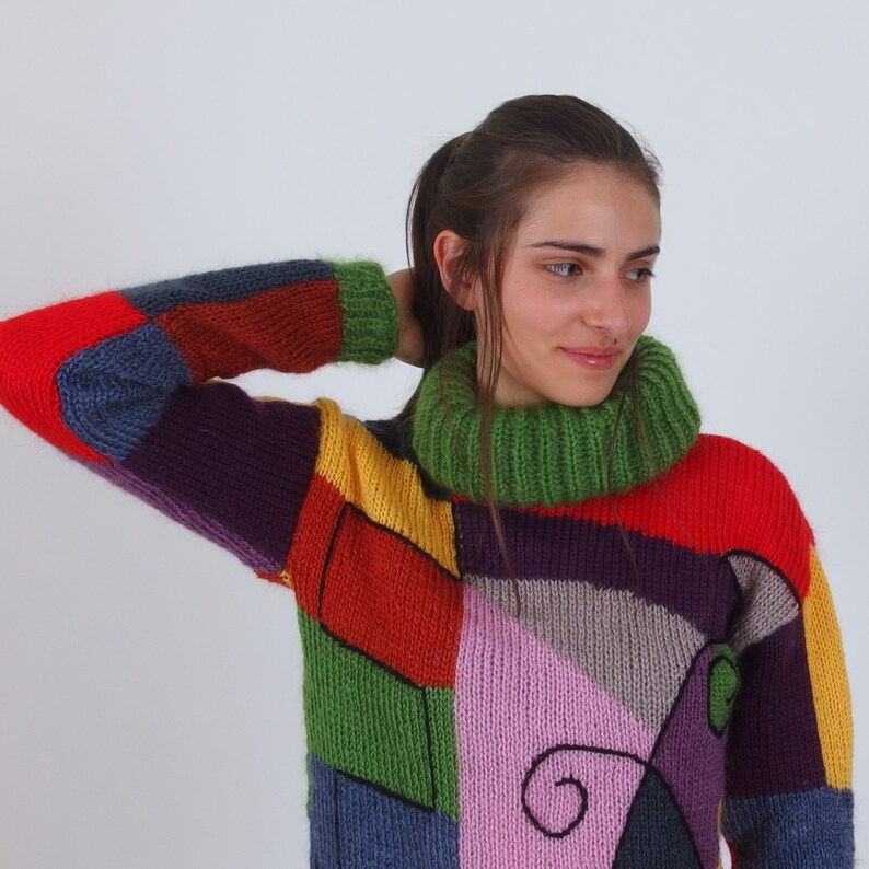 Roll Neck Mohair Sweater, Hand Knit Color Block Jumper, Patchwork ...