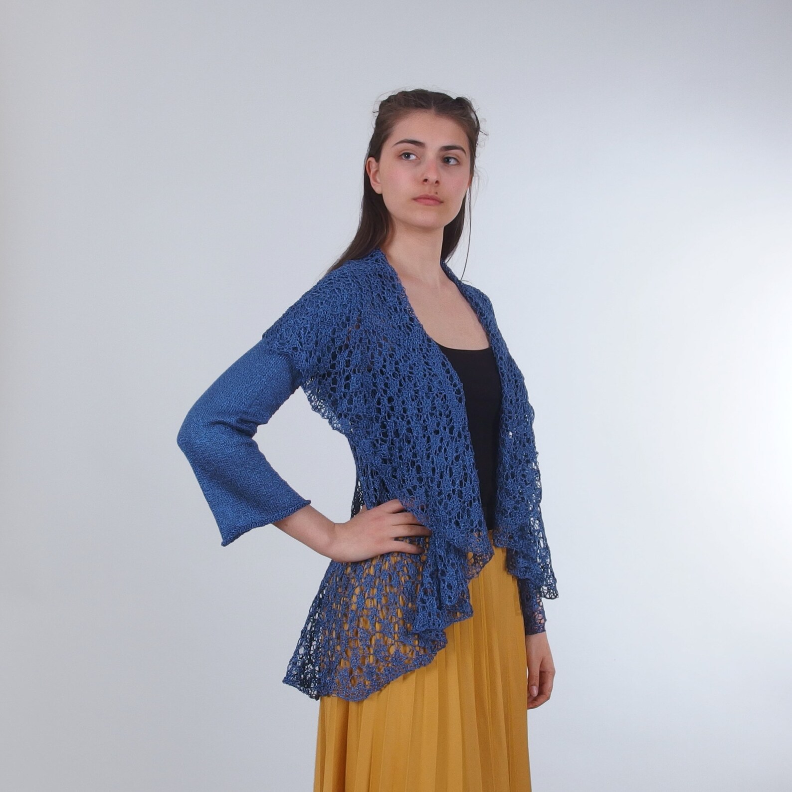 Hand Knit Lace Cardigan, Handmade Open Front Sweater With Shawl Collar ...